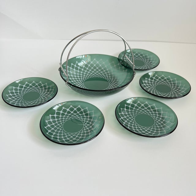 Mid Century Modern Smoke Green Glass Coasters With Carrier- 6 Pieces ...