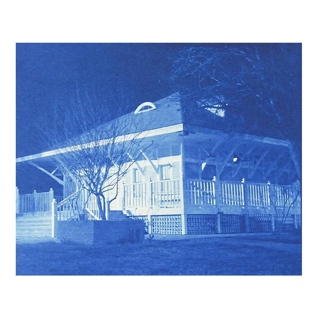 Vintage Blue Cyanotype Old House Photograph | Chairish