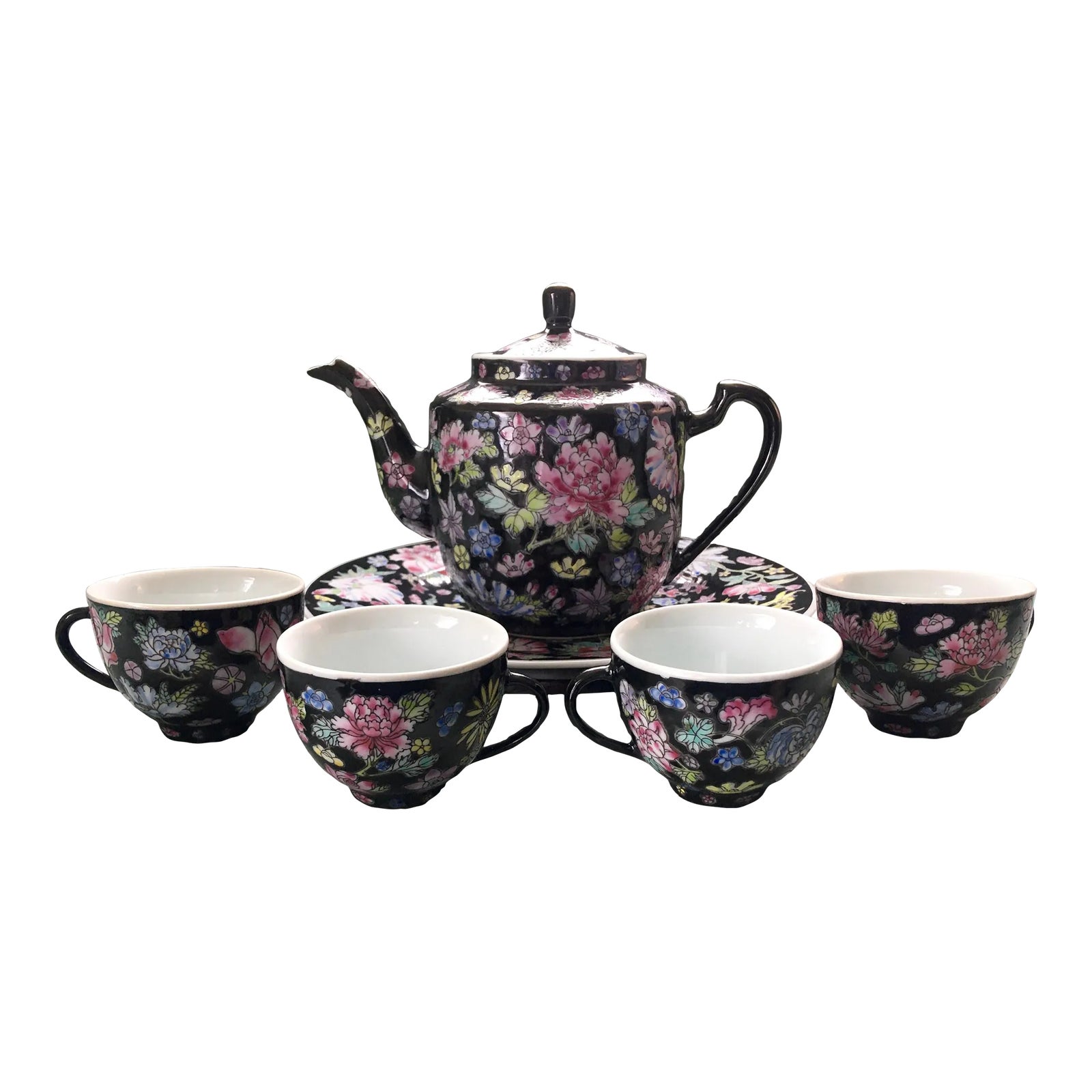 Vintage Chinese Jewel-Tone Floral Motif Export Pottery Tea Set - 7 ...