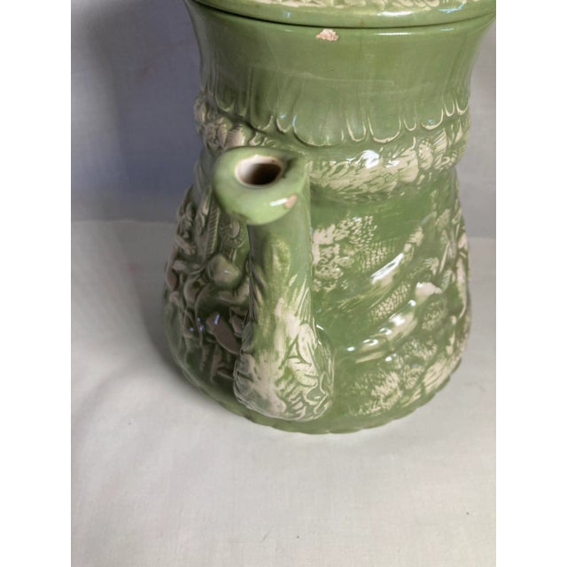 Vintage Green Raised Relief Pottery Ceramic Pitcher with Lid | Chairish
