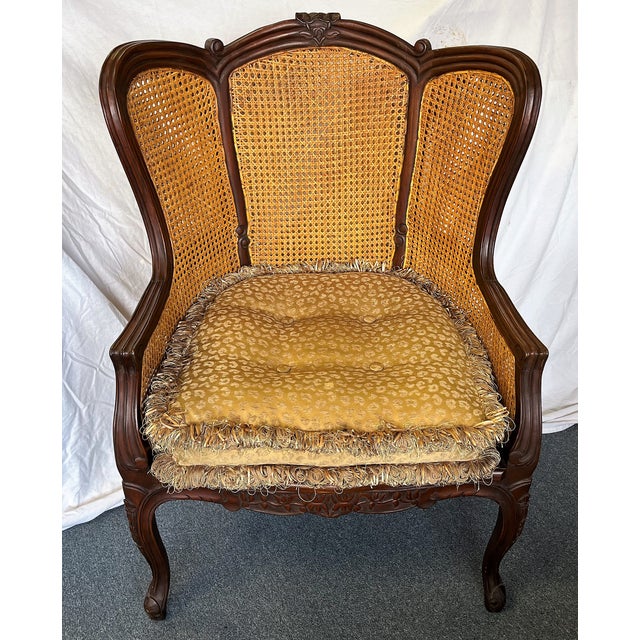 Vintage Double Caned Carved Wood Wing Chair With Cushion and Pillow ...