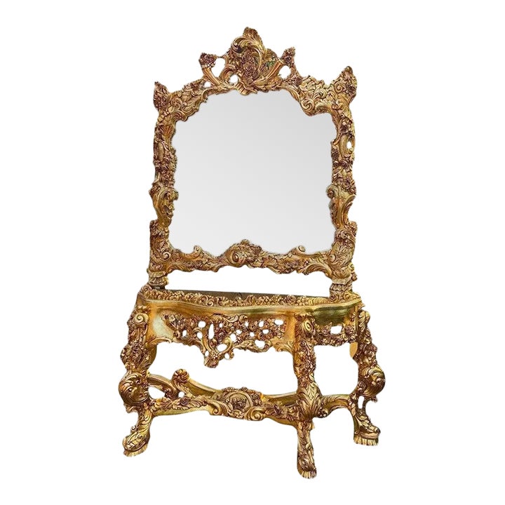 Late 20th Century Baroque / Rococo Style Console Table With Mirror Set ...