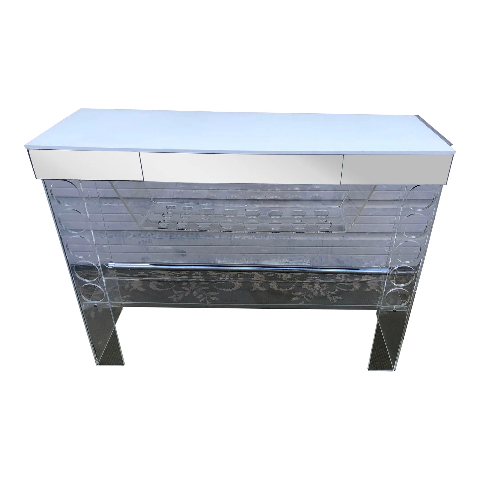 Midcentury Lucite Bar Mirrored with Chrome Foot Railing | Chairish