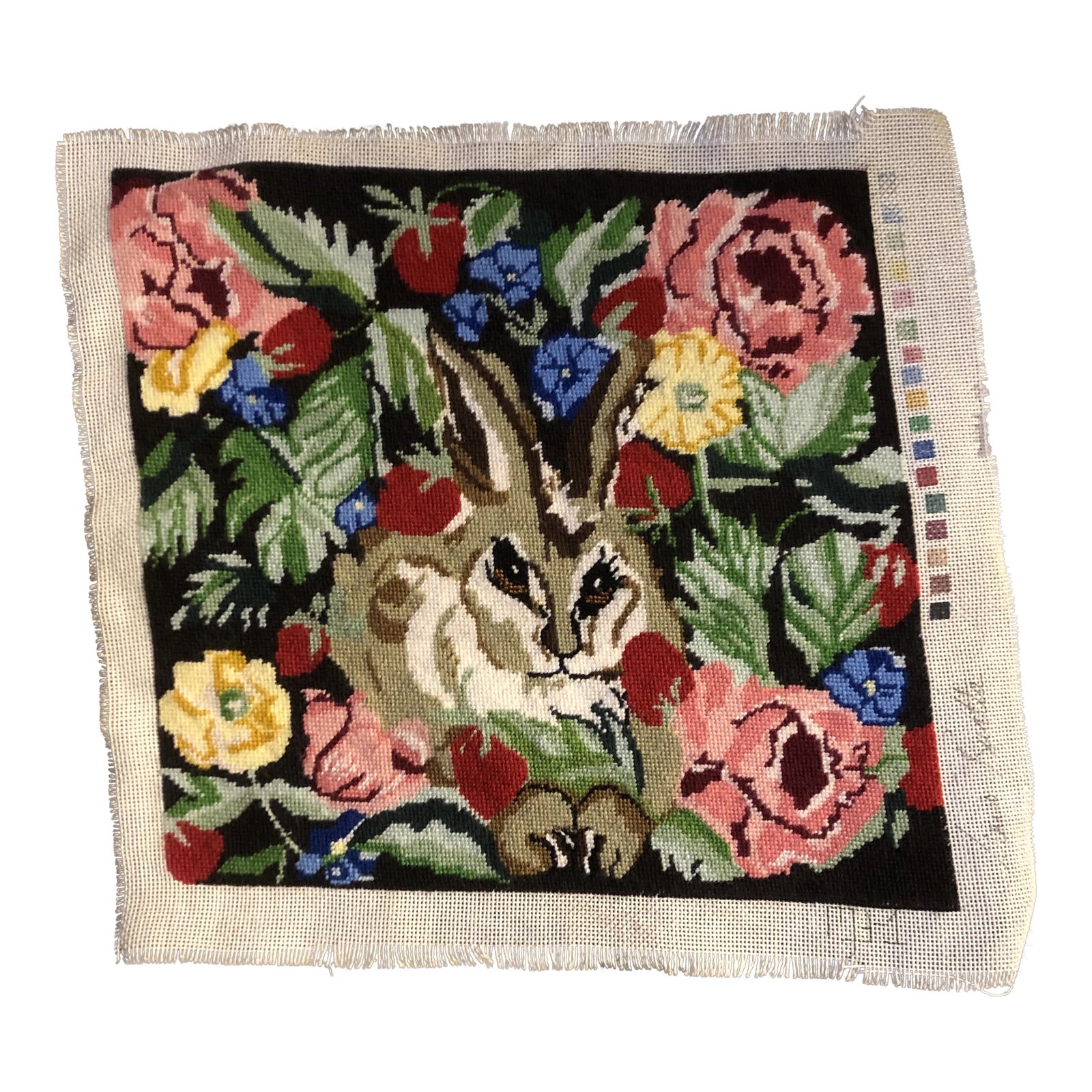 Hand Done Needlepoint Picture Rabbit in Flowers Vintage | Chairish
