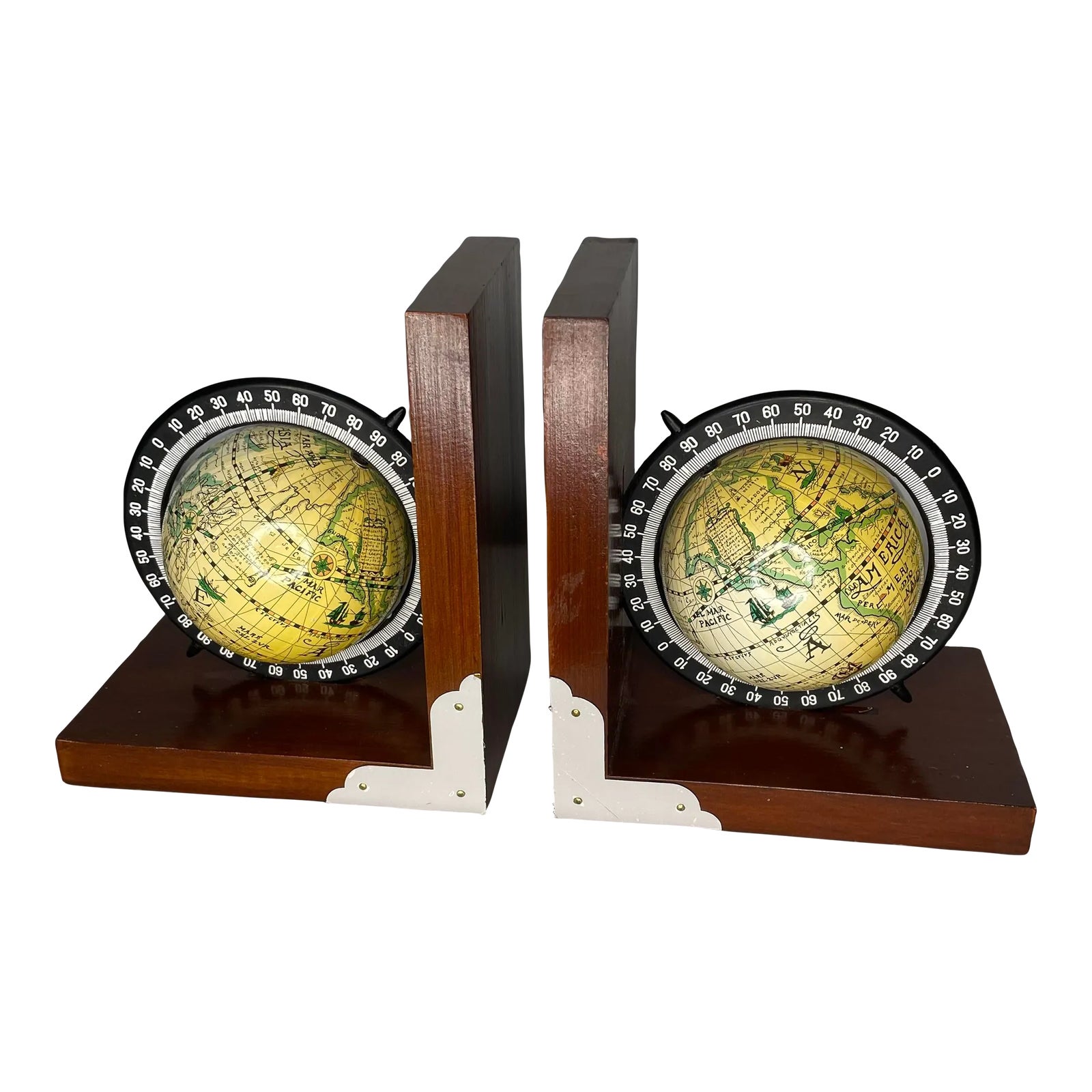 Vintage Wooden Globe Bookends- a Pair | Chairish
