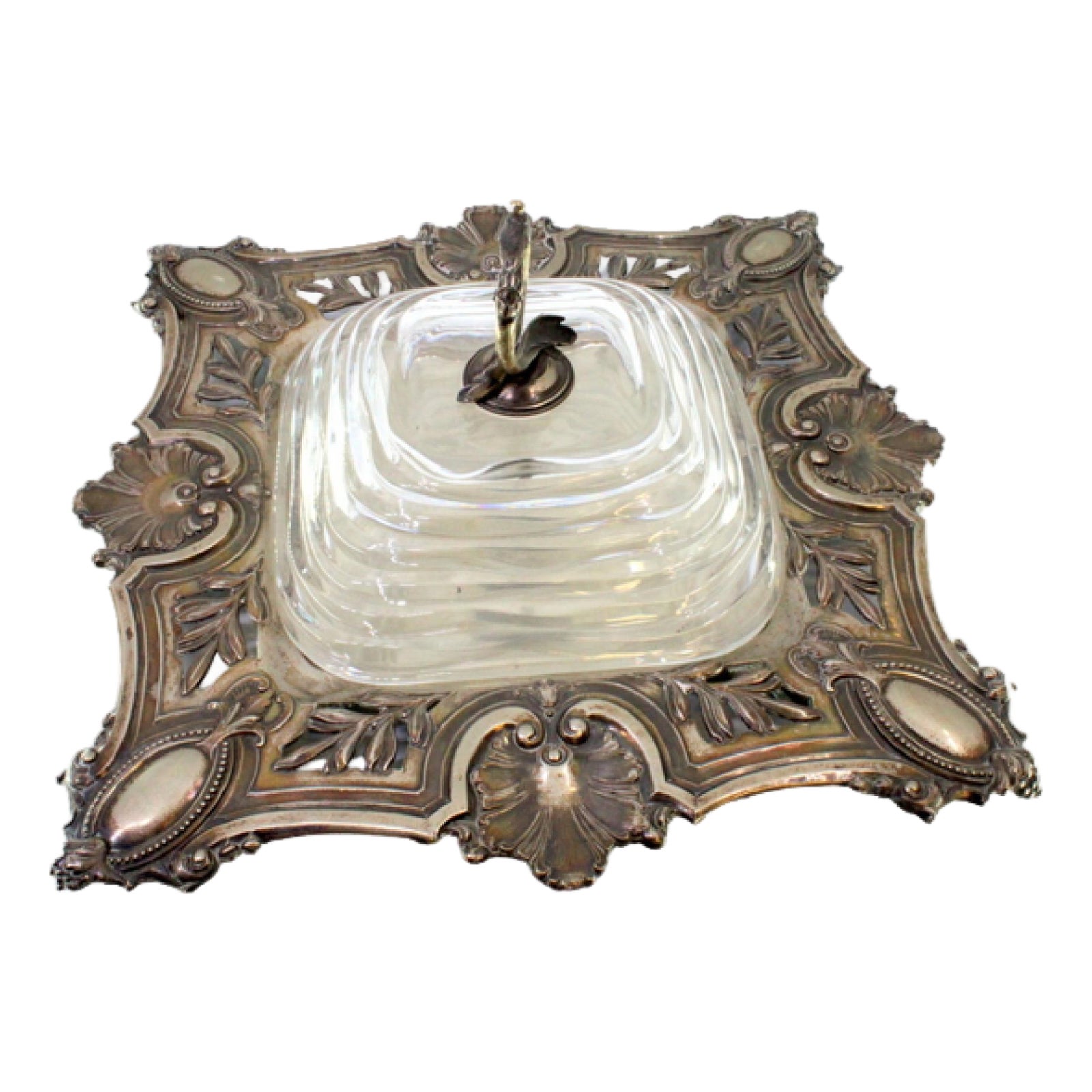 Cheese Dish in Silver with Monogram Cards, Cut Glass Core and Knob Lid ...