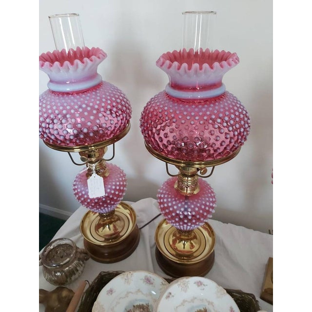 Fenton Cranberry Opalescent Hobnail Lamps - a Pair | Chairish