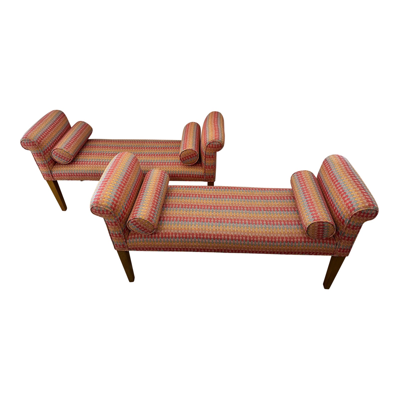Upholstered Benches With Bolster Pillows -A Pair | Chairish