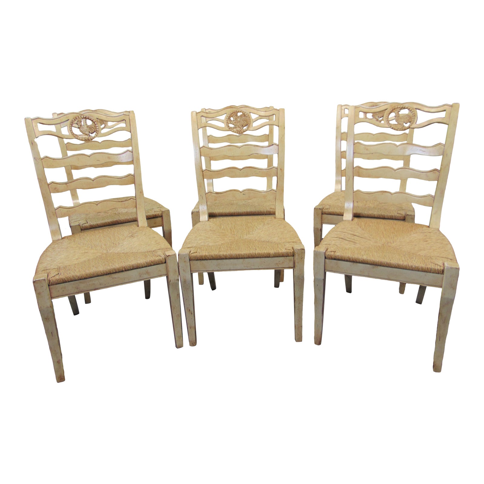 Country French Cream Rooster Rush Seat Dining Chairs - Set of 6 | Chairish