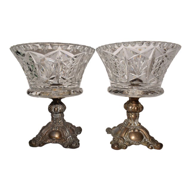 Pair Mid Century Modern Crystal Glass Compotes With Brass Bases Elegant ...