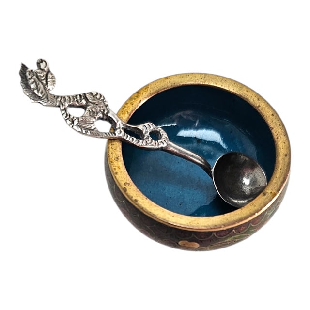 Chinese Cloisonné Salt & Pepper Shakers Salt Cellar and Spoon 2" | Chairish