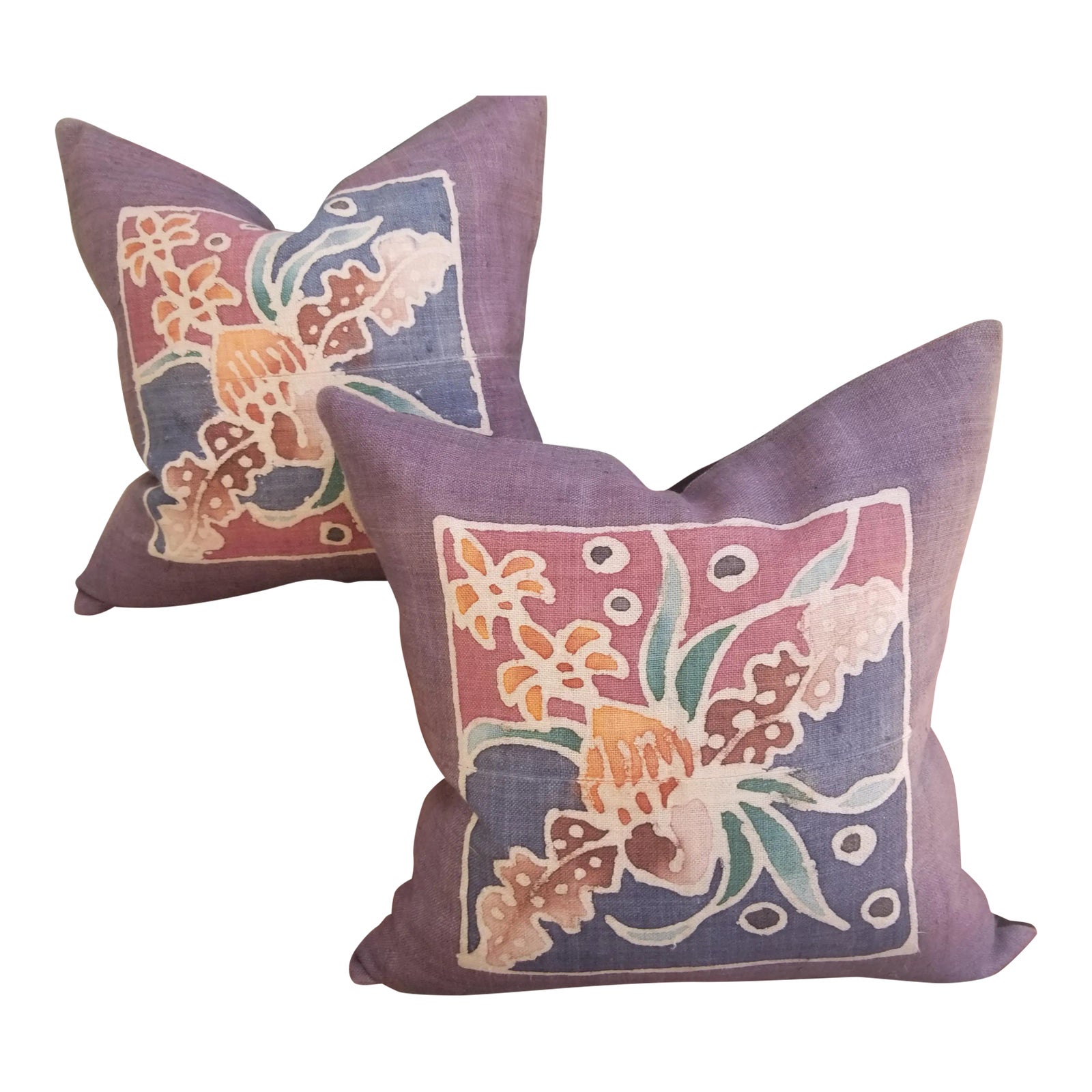 Hand Woen Batik Floral Pillow - a Pair | Chairish