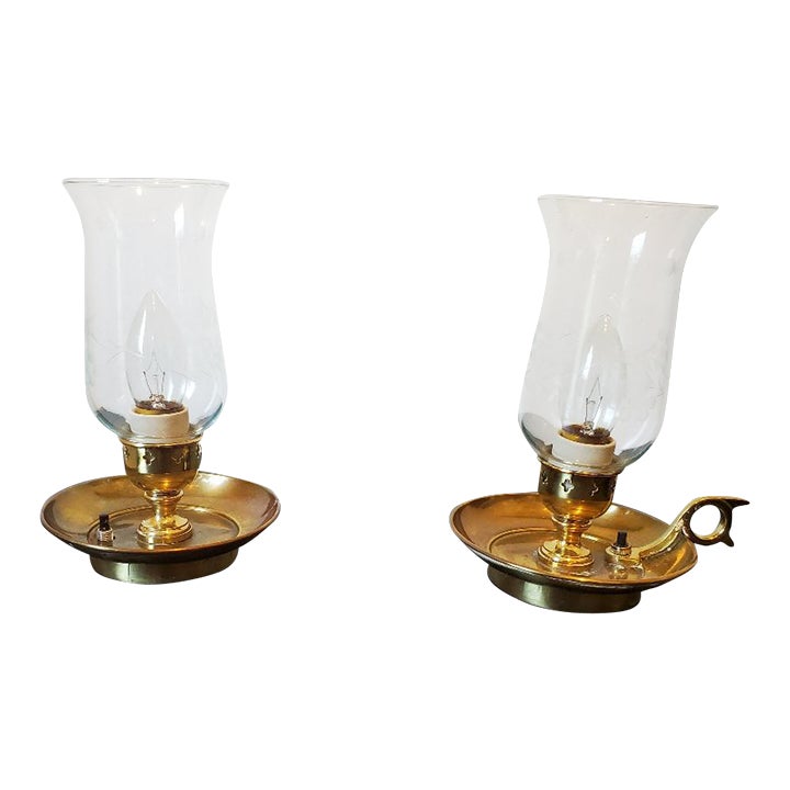 Pair of 20th Century Electric Hurricane Lamps, Brass & Etched Glass ...