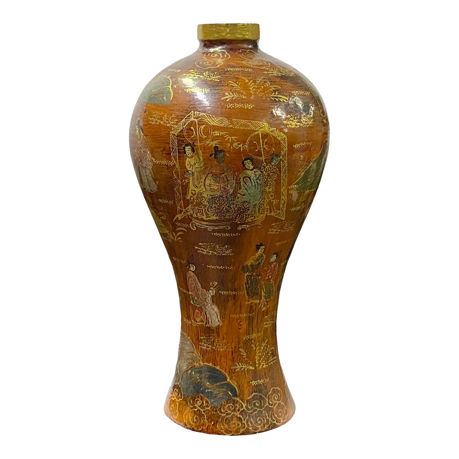 Chinoiseries Golden Graphic Brown Lacquer Vase Jar Shape Display | Chairish