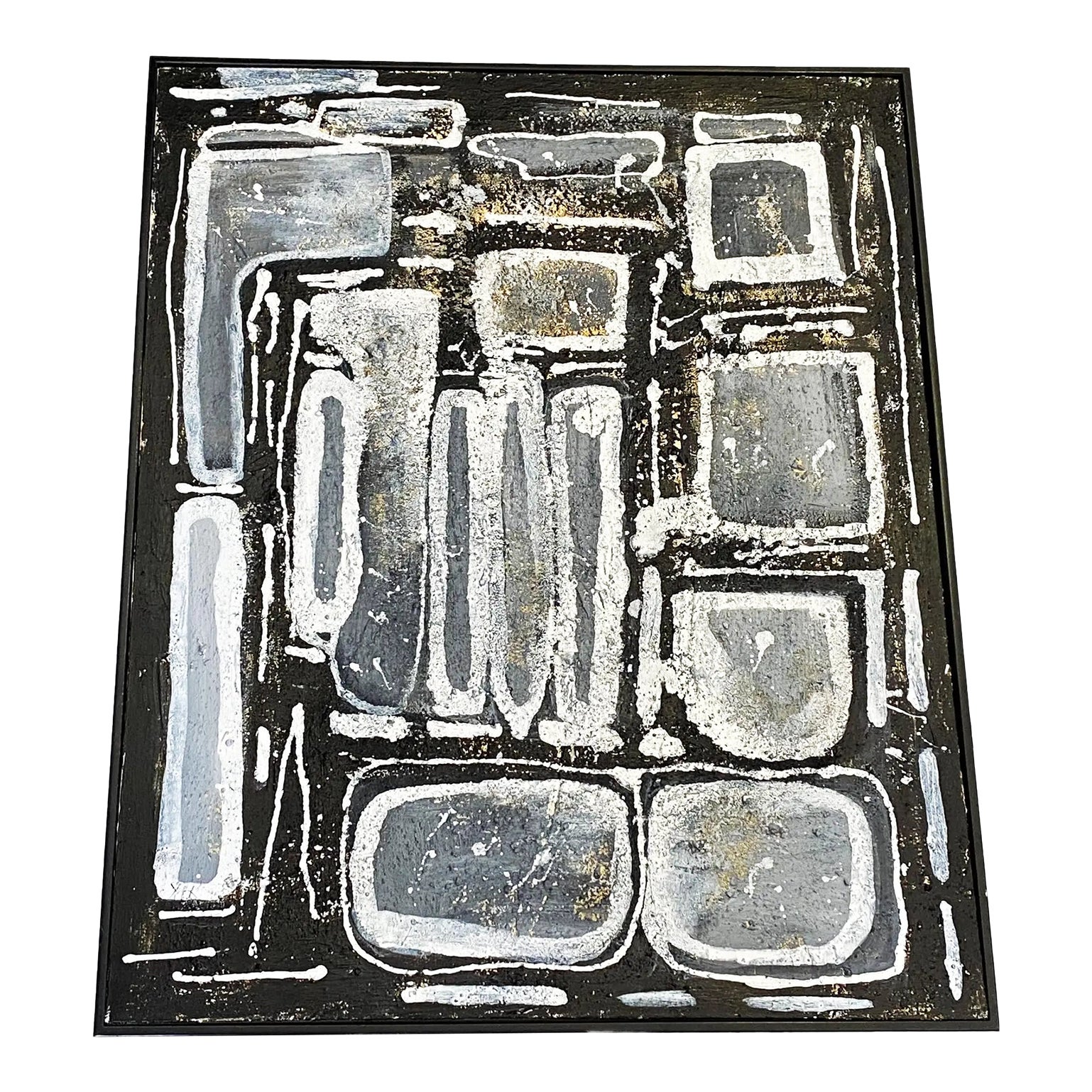 Mix Media on Canvas Black and White Abstract Signed Yjr "Fenêtres" 30. ...