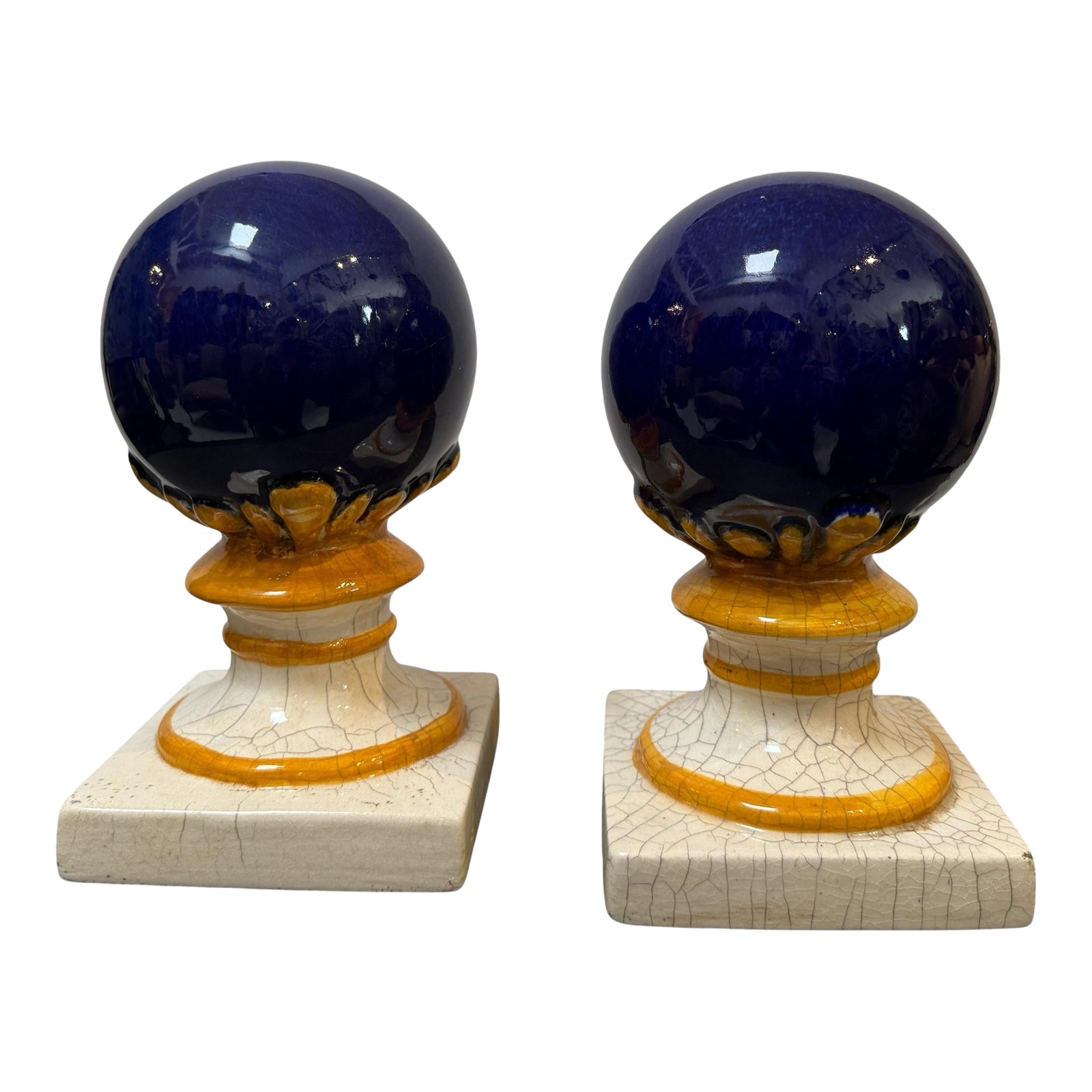 Vintage Majolica Pottery Cobalt Blue & White Decorative Finials - a ...