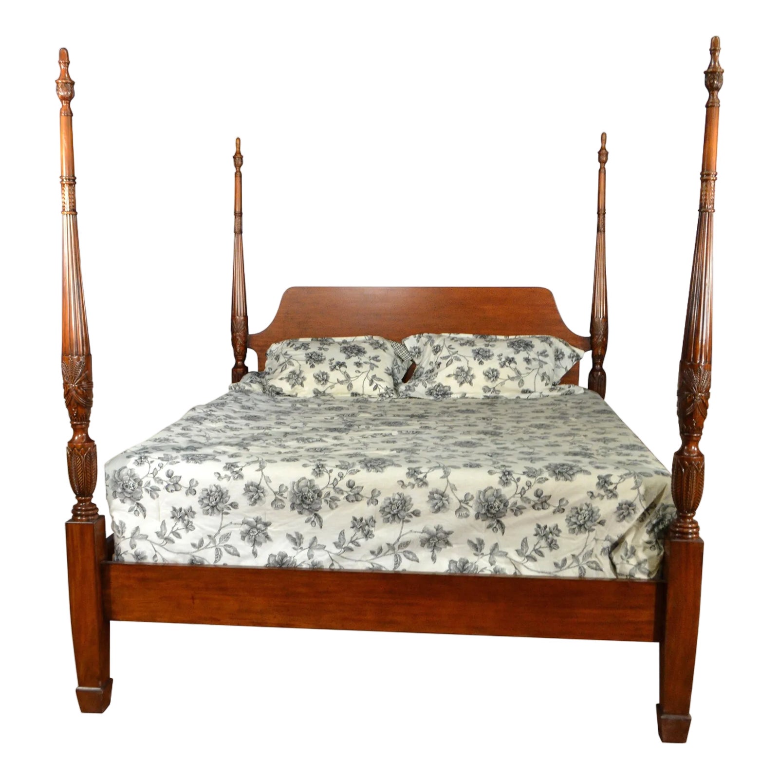 King Size Mahogany Rice Carved Poster Bed by Leighton Hall | Chairish
