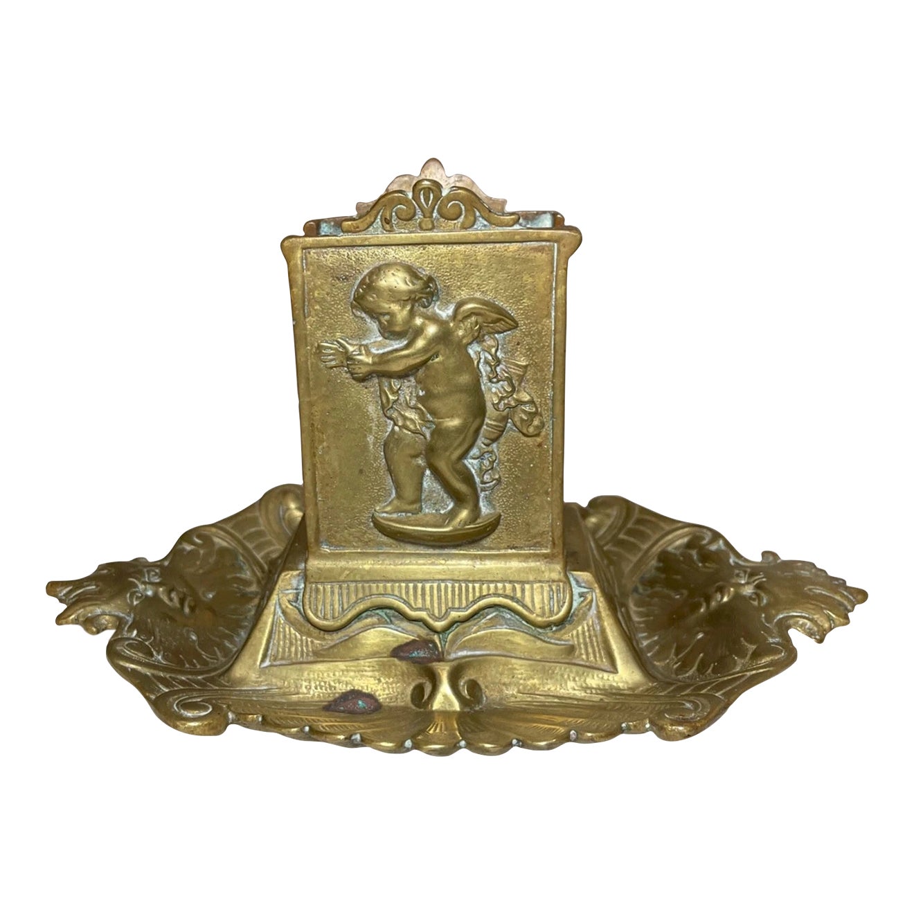 Antique 1800's Gilt Bronze Smoking Ashtray Cherub Match Safe Holder ...