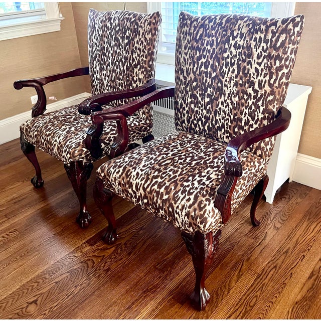 Pair of Carved Mahogany Leopard Print Armchairs New Upholstery | Chairish