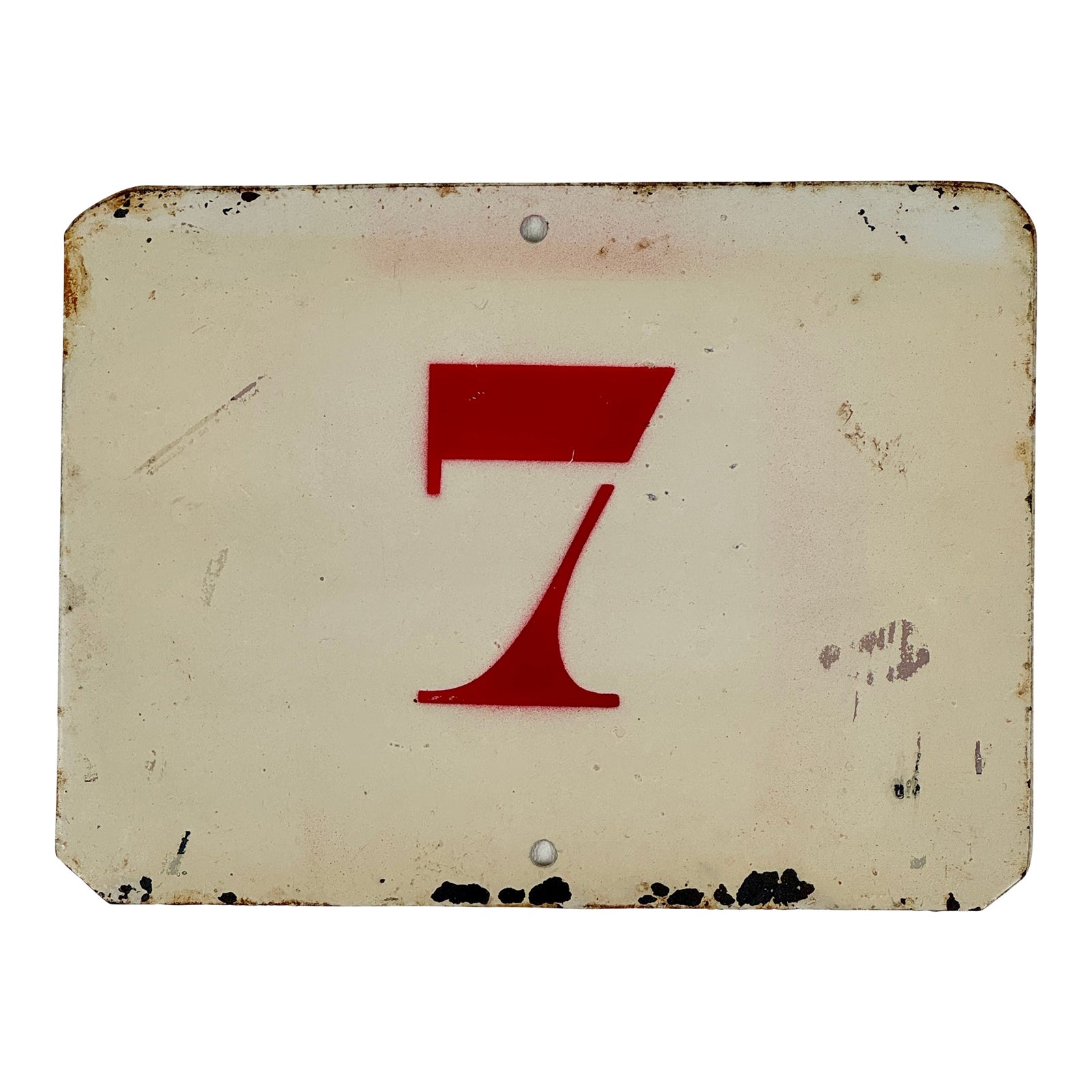 Vintage English Metal Plate Number "7" Sign in White & Red | Chairish