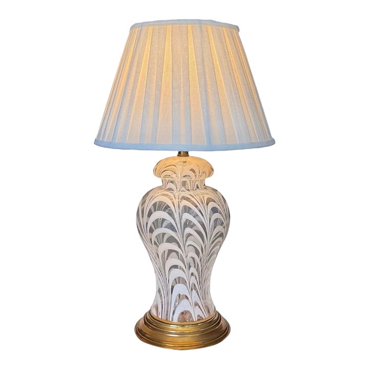 Vintage Handblown Art Glass Table Lamp With Pleated Linen Shade | Chairish