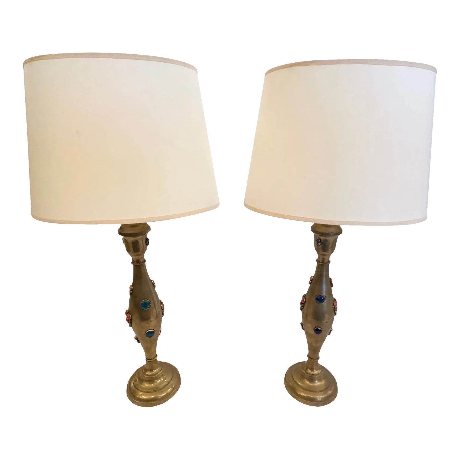 Jeweled Brass Lamps With Colored Semiprecious Stones -A Pair | Chairish