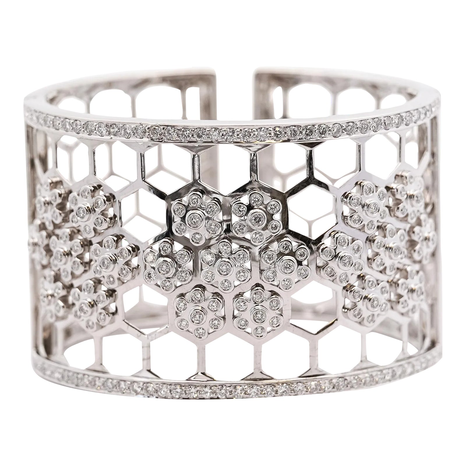 6.5 CTTW Round Cut Diamond Honeycomb Motif 18k White Gold Bangle ...