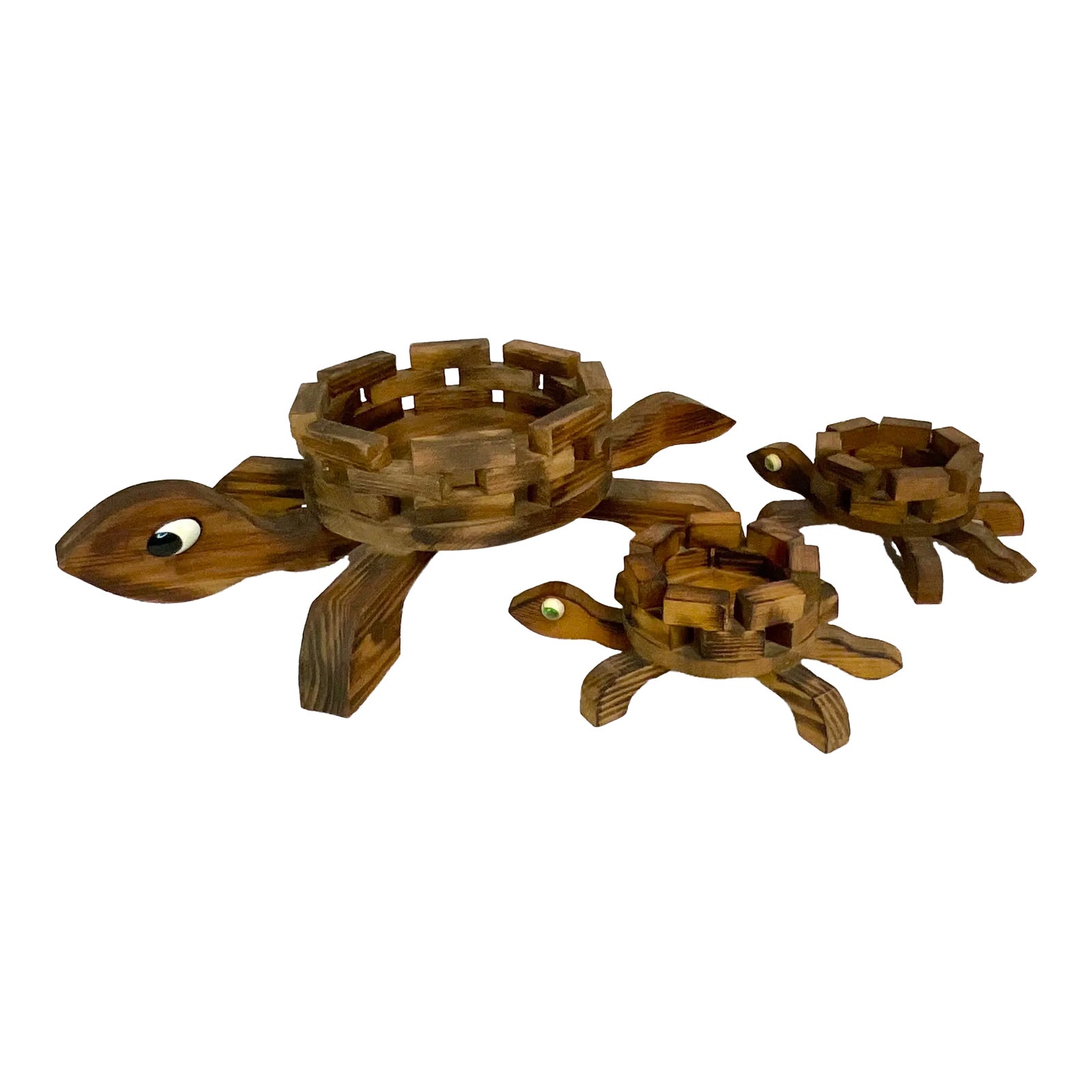 1970s Whimsical Coastal American Folk Art Wood Turtle Planter Boxes ...