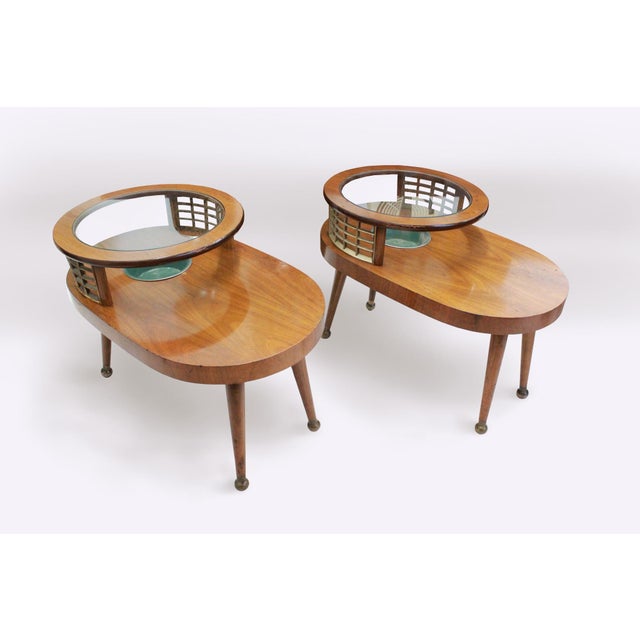Gilbert Rohde Style Oval Pair of End Tables With Brass Details | Chairish