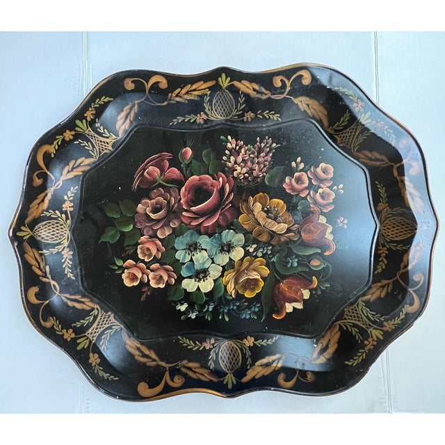 Large Vintage Tole Tray With Autumn Flowers | Chairish