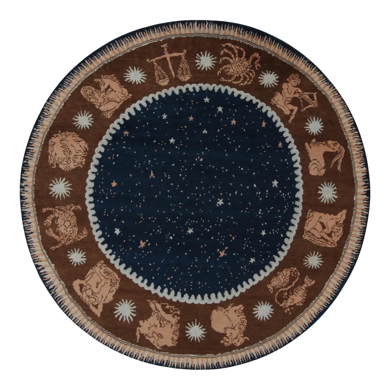 Rug & Kilim’s French Deco style Circle rug in Blue, Beige-Brown Zodiac ...