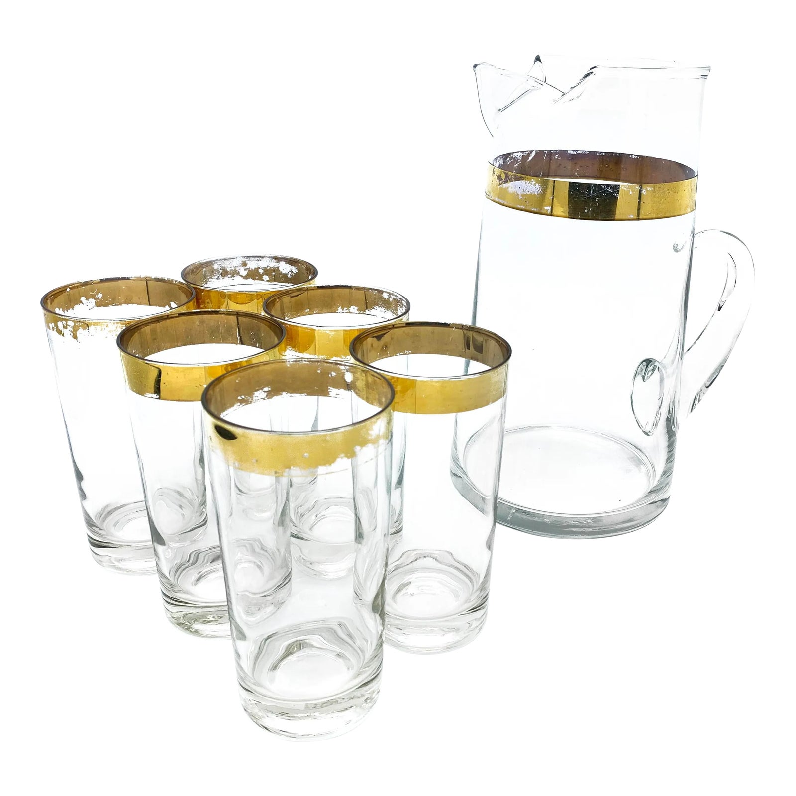 Vintage Mid-Century Large Glass Pitcher Set With Gold Detailing - 7 ...