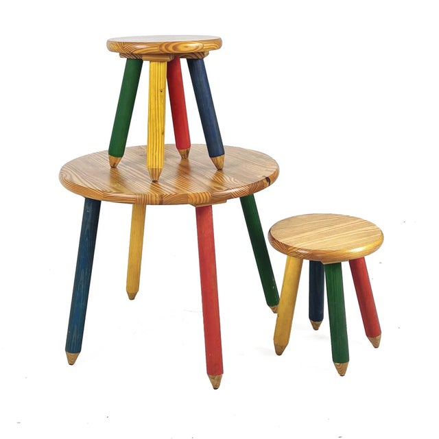 Vintage 1980s Memphis Style Wood Pencil Leg Children's Table + (2 ...