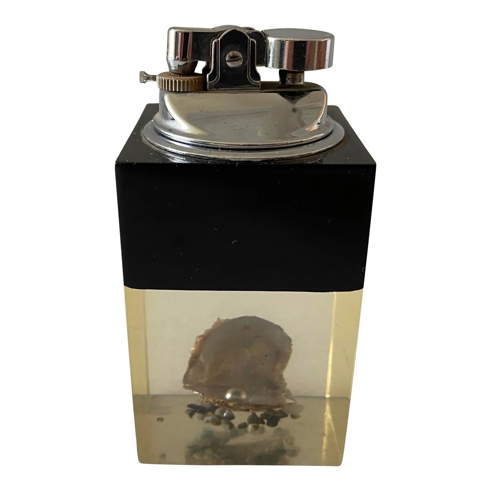 Unique Lucite Table Lighter With Encased Oyster Shell and Pearl | Chairish