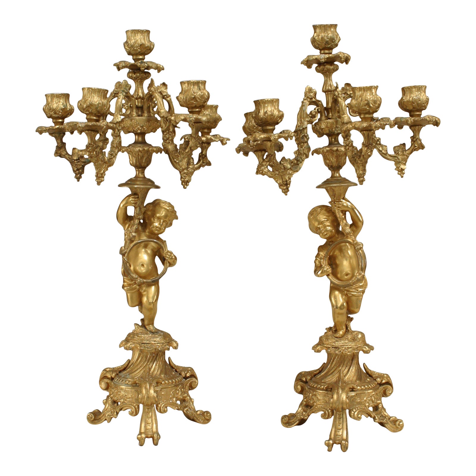 French Louis XV Style Bronze Dore Cupid Candelabras - A Pair | Chairish