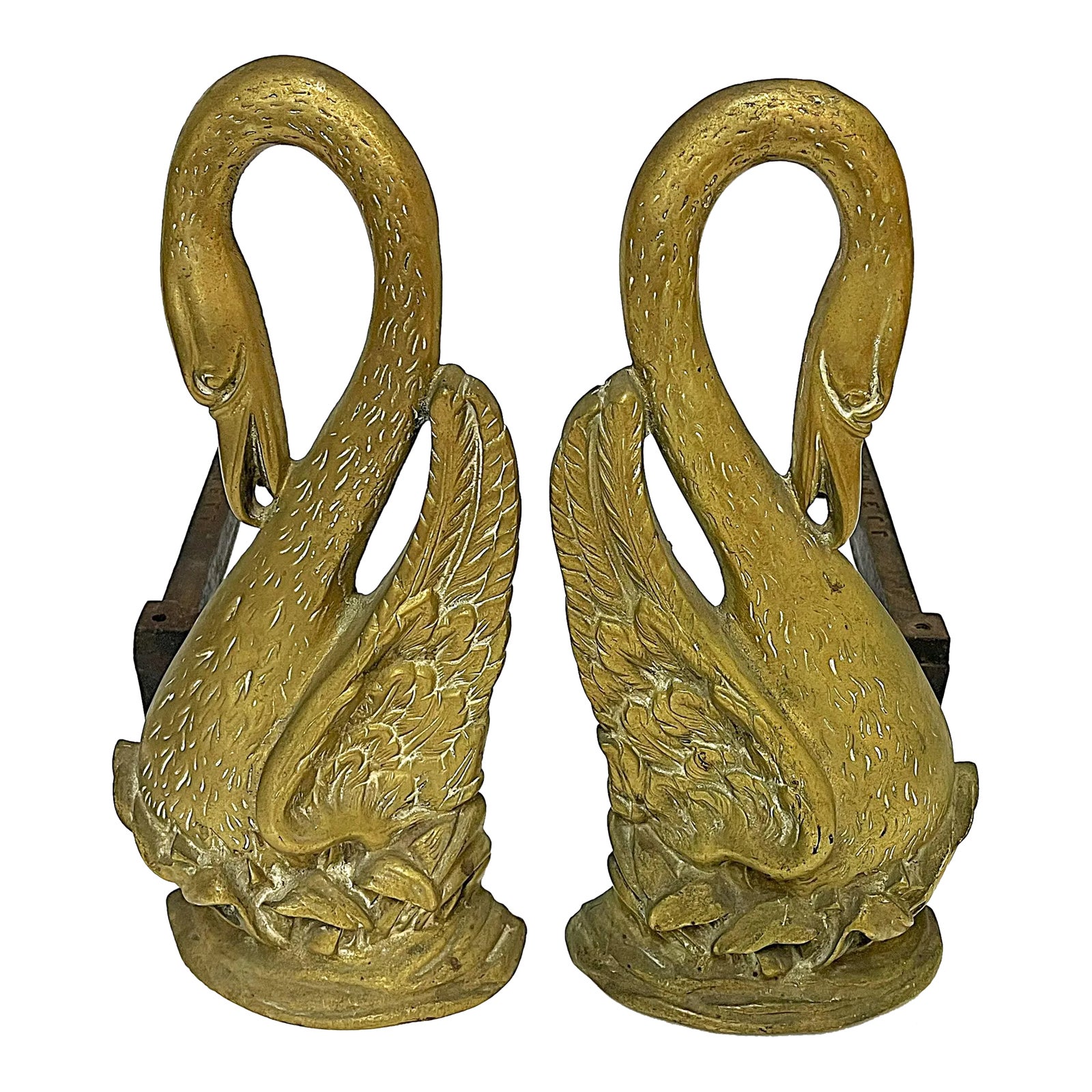 Antique Paul Poiret Style Art Deco Brass Swan Andirons by Bennett- a ...
