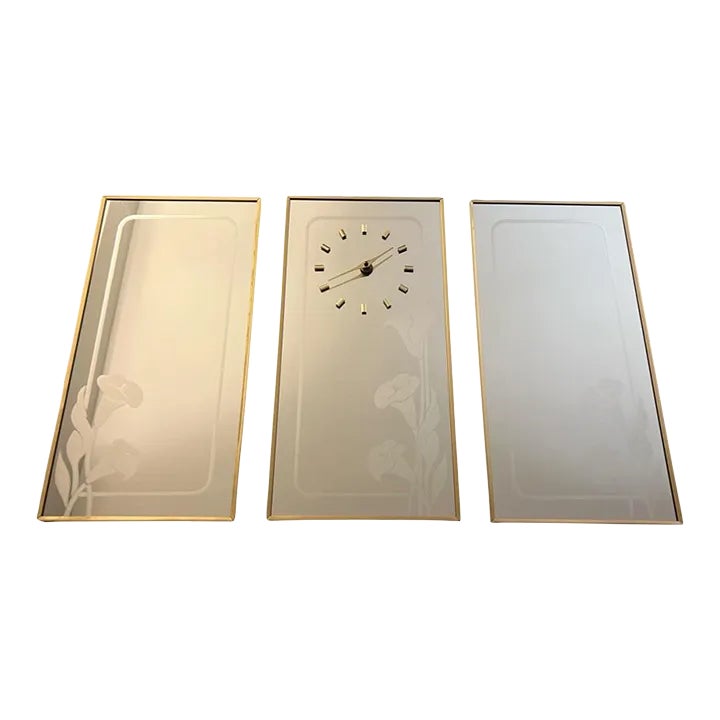 Vintage Postmodern 1980s Wall Mirror Clock and Wall Art Set of 3 Brass ...
