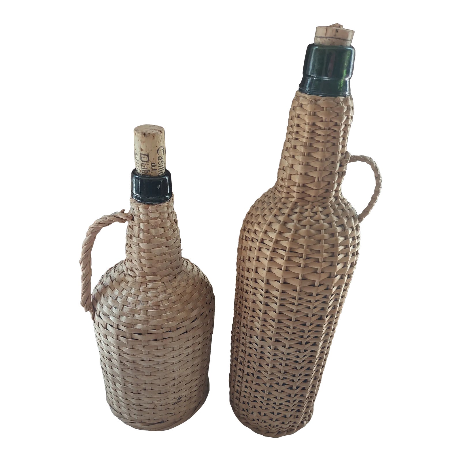 Pair of Vintage Wicker Bottles With Handles | Chairish