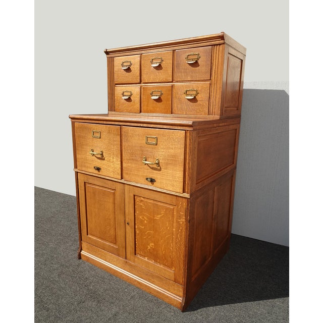 Antique Shannon File Oak Stacking Sectional Double File Cabinet Card ...