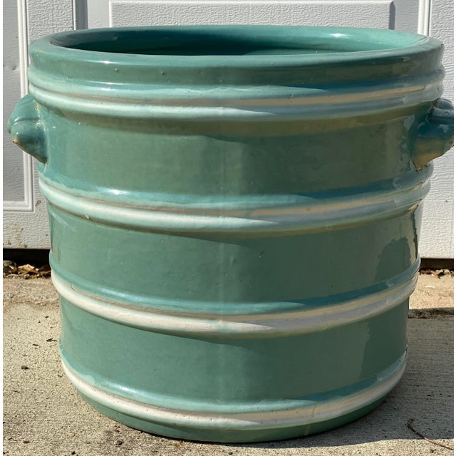 Mid Century Round Aqua Planter with Raised White Stripes | Chairish