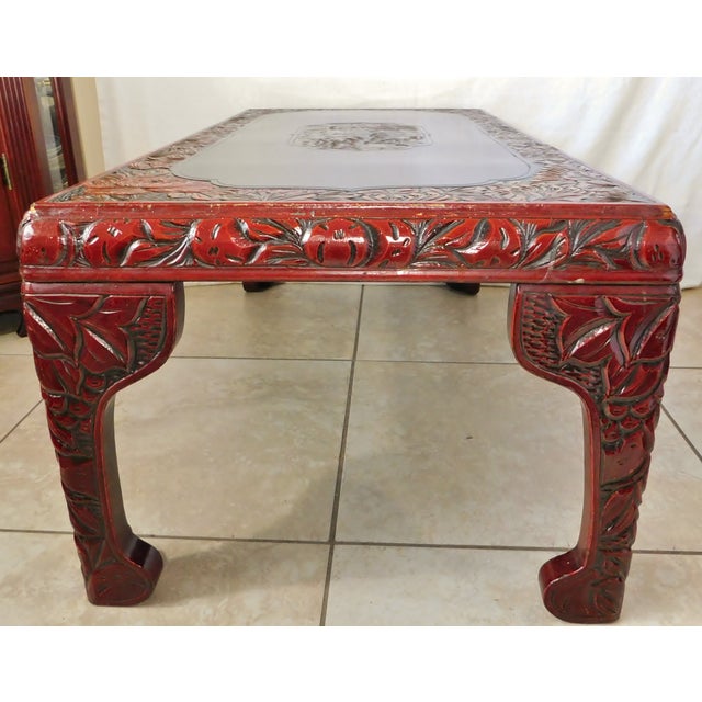 Vintage Mid Century Chinese Red Lacquer Carved Wood Coffee Table | Chairish