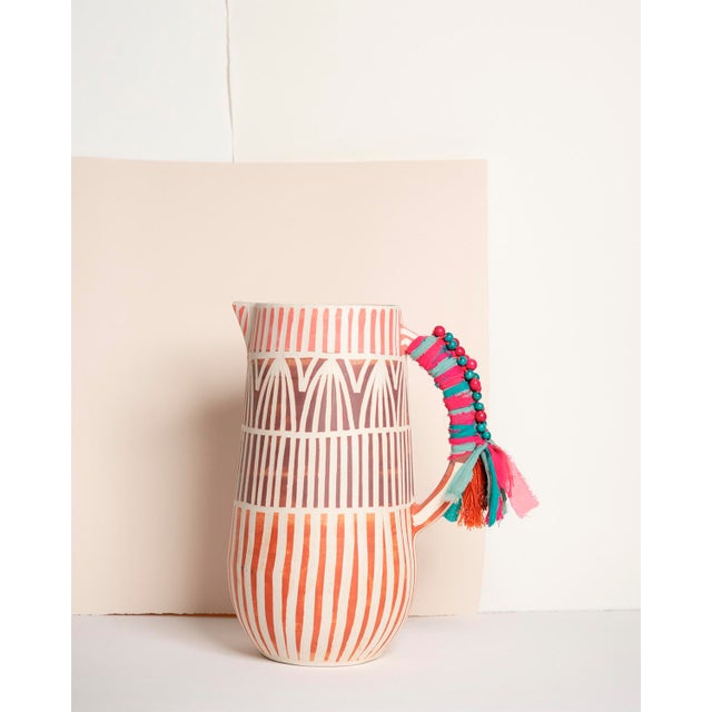 Festa Handmade Ceramic Jug in White and Red Stripes | Chairish