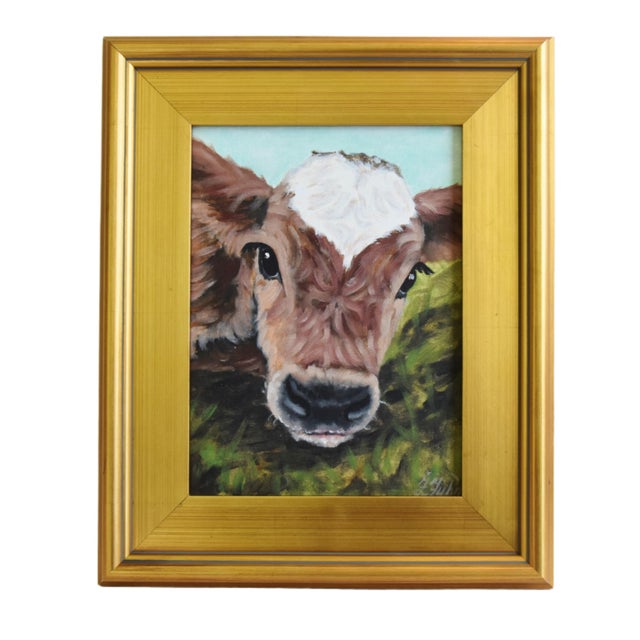Country Farmhouse Calf Cow Portrait Oil Painting W/ Gold Frame | Chairish