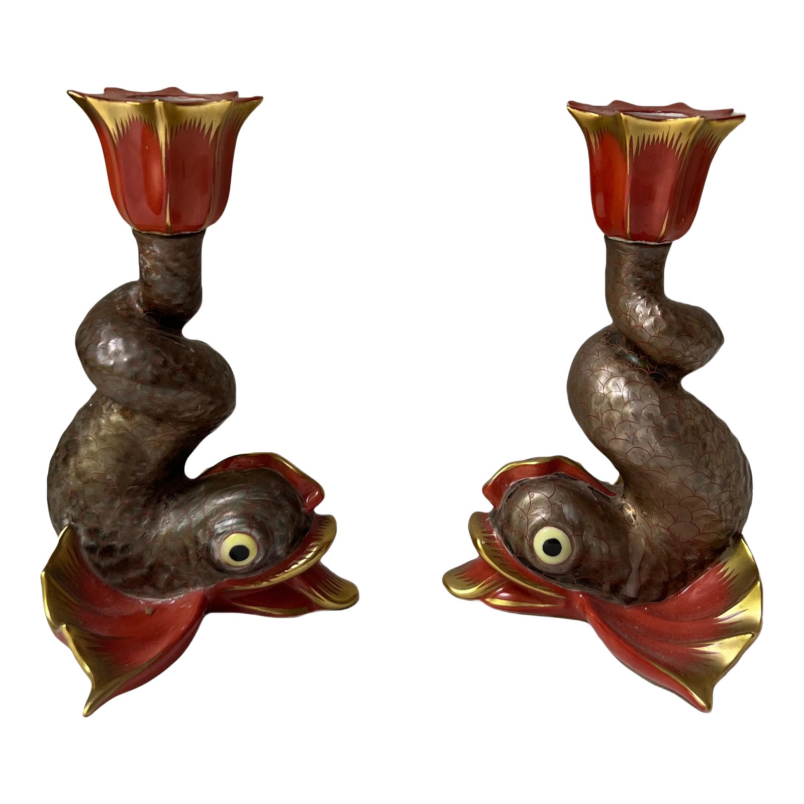 Vintage Herend Porcelain Hungary Koi Fish Figure Candleholders ...