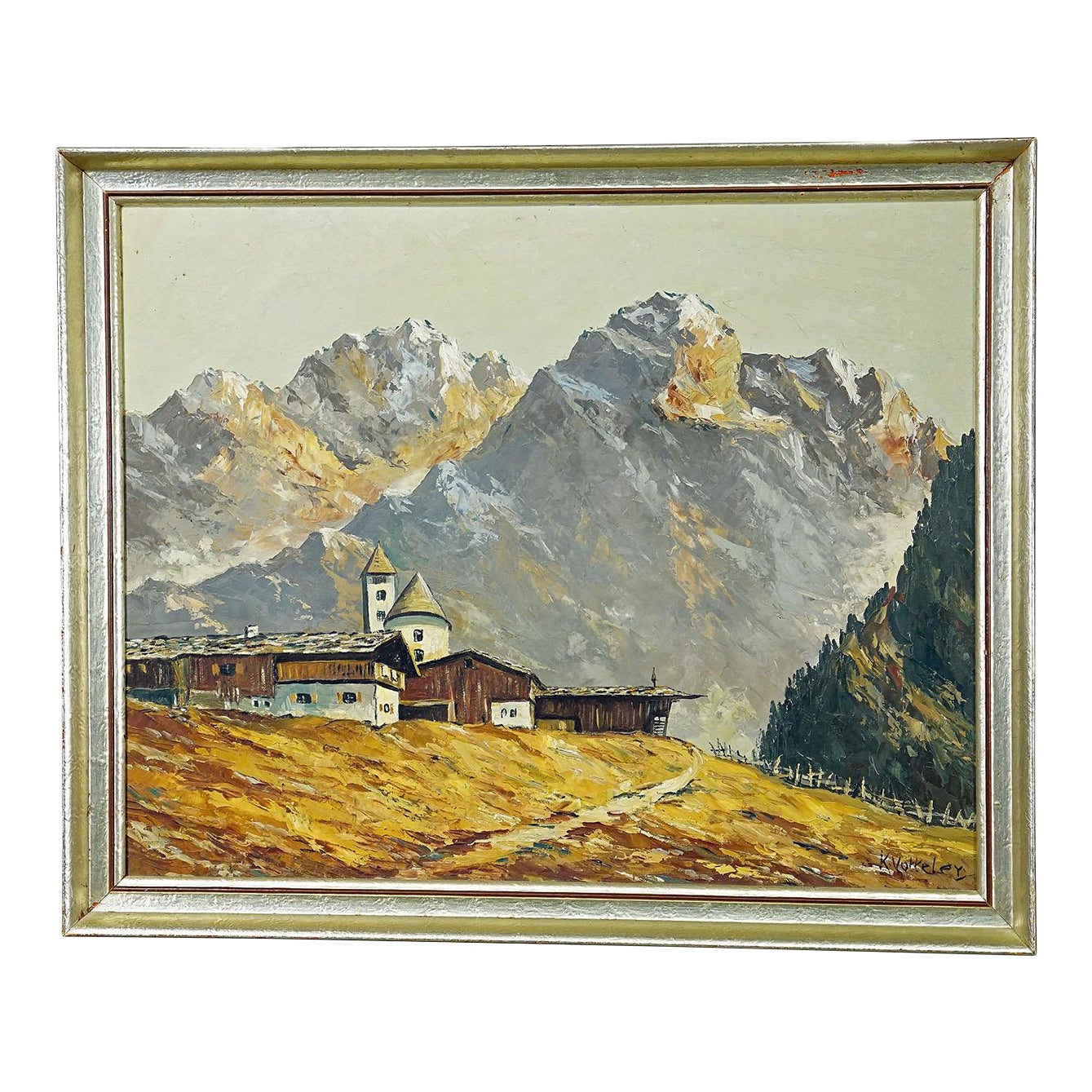 Alpine Landscape Oil Painting With Tyrolian Mountain Village | Chairish