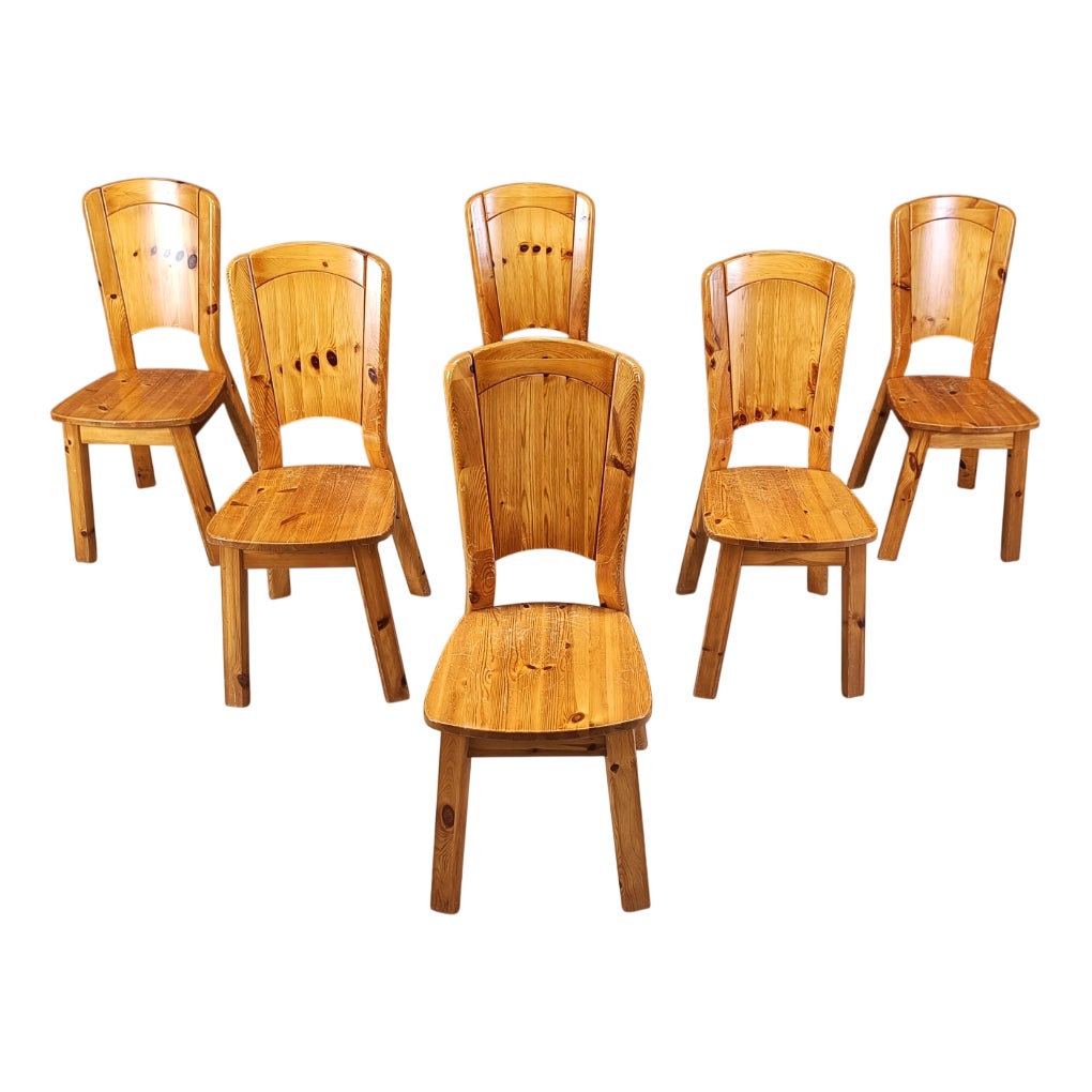 Vintage Pine Wood Dining Chairs, 1970s, Set of 6 | Chairish