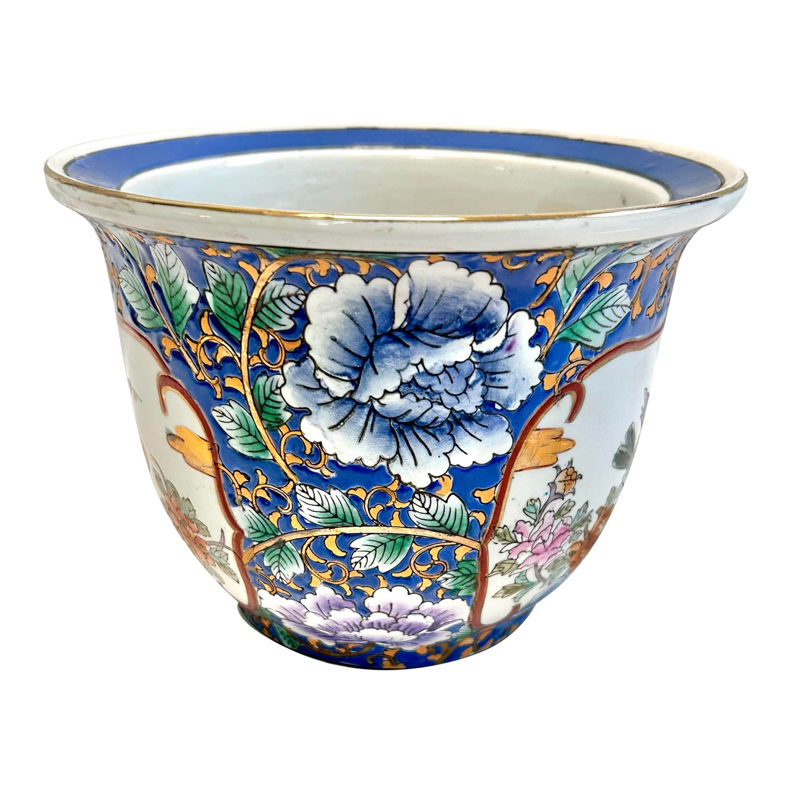 Vintage Asian Blue Floral Bird Chinoiserie Planter Cachepot With ...