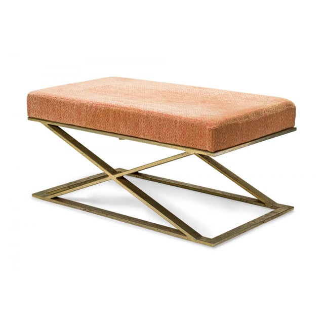 Milo Baughman / Thayer Coggin American Mid-Century Brass and Pink Floral Upholstered X-Bench ...