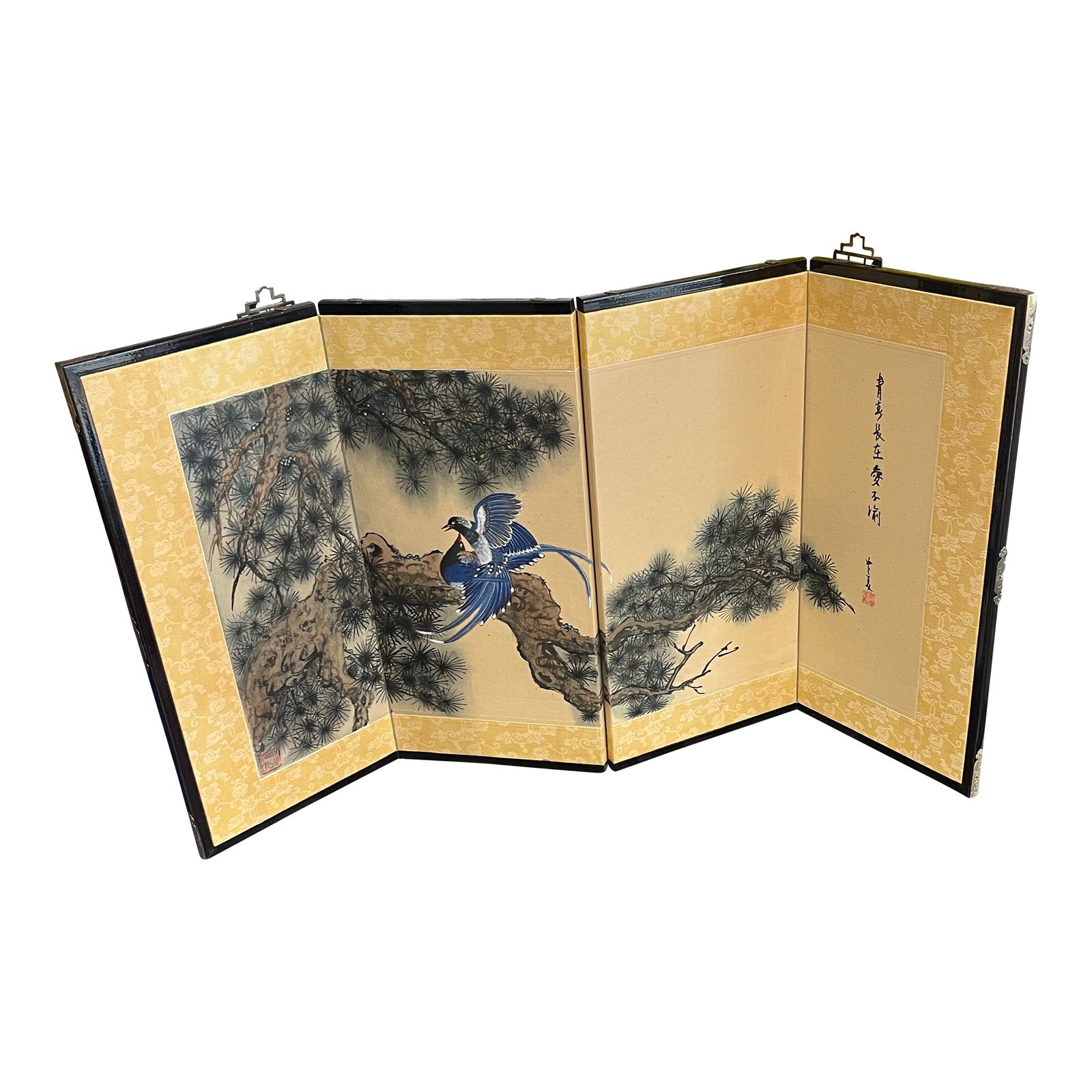 1970s Small Asian Four Panel Silk Hand Painted Folding Screen | Chairish