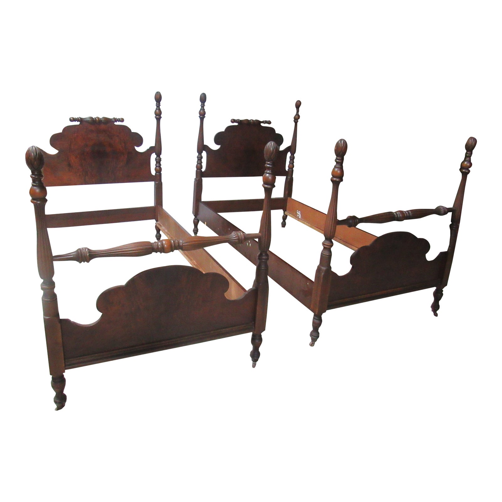 1930s Pair Twin Beds Poster Burled Walnut Antique | Chairish